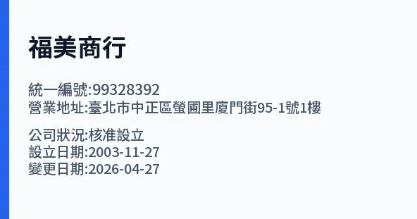 福美商行的照片-統編 99328392(臺北市) 公司登記資料與營業項目詳細圖表