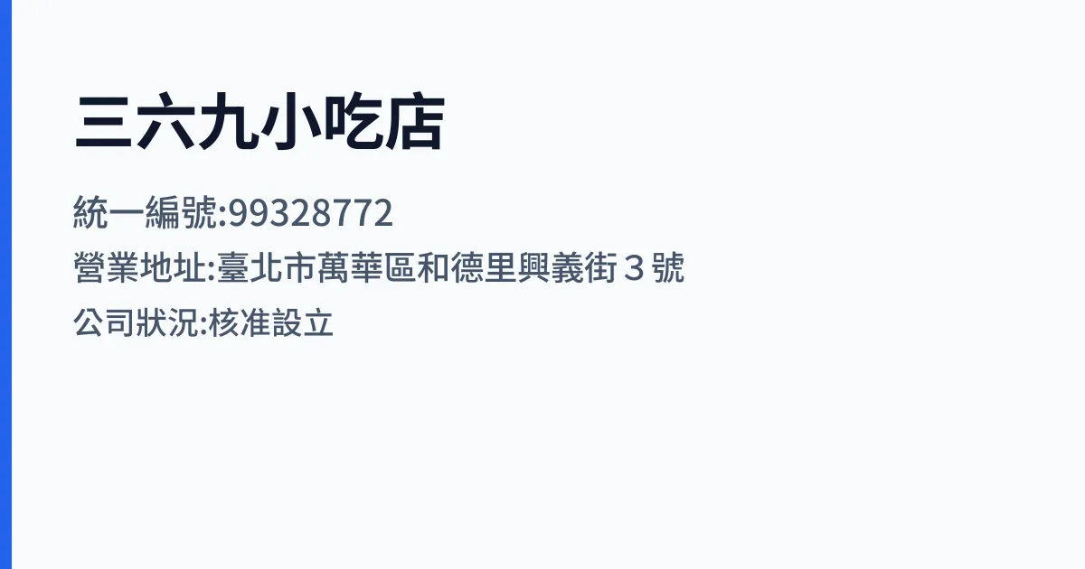 三六九小吃店 - 統編 99328772(臺北市) 公司登記資料與營業項目詳細圖表