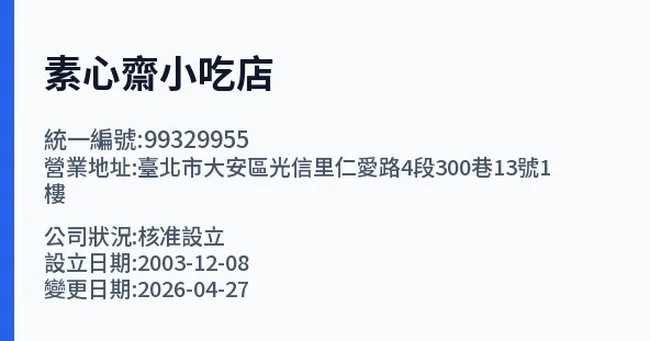 素心齋小吃店的照片-統編 99329955(臺北市) 公司登記資料與營業項目詳細圖表