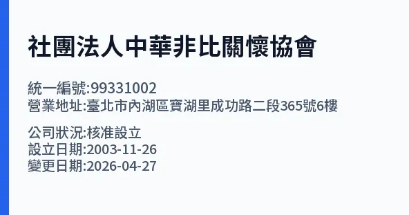 社團法人中華非比關懷協會的照片-統編 99331002(臺北市) 公司登記資料與營業項目詳細圖表