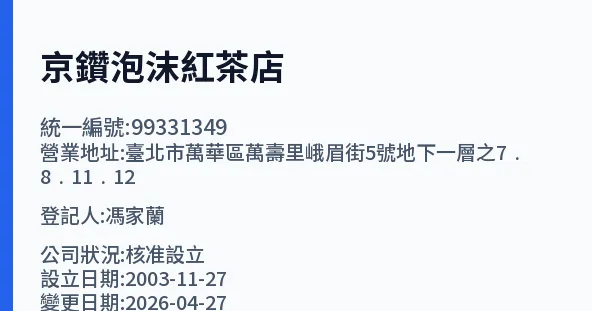 京鑽泡沫紅茶店的照片-統編 99331349(臺北市) 公司登記資料與營業項目詳細圖表