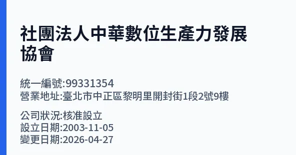 社團法人中華數位生產力發展協會的照片-統編 99331354(臺北市) 公司登記資料與營業項目詳細圖表