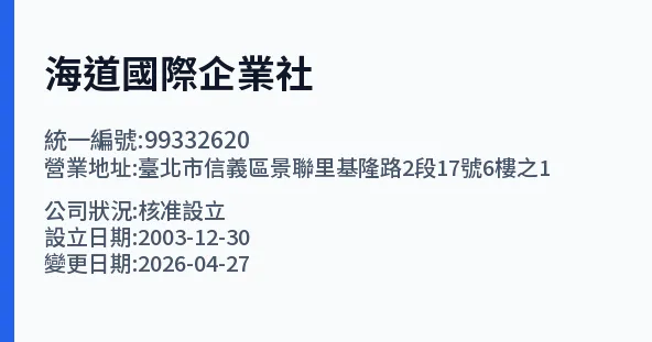 海道國際企業社的照片-統編 99332620(臺北市) 公司登記資料與營業項目詳細圖表