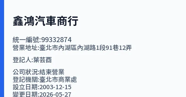 鑫鴻汽車商行的照片-統編 99332874(臺北市) 公司登記資料與營業項目詳細圖表