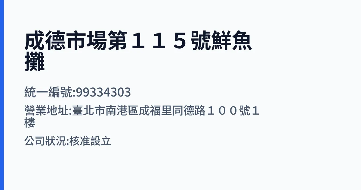 成德市場第１１５號鮮魚攤 - 統編 99334303(臺北市) 公司登記資料與營業項目詳細圖表