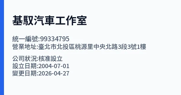 基馭汽車工作室的照片-統編 99334795(臺北市) 公司登記資料與營業項目詳細圖表