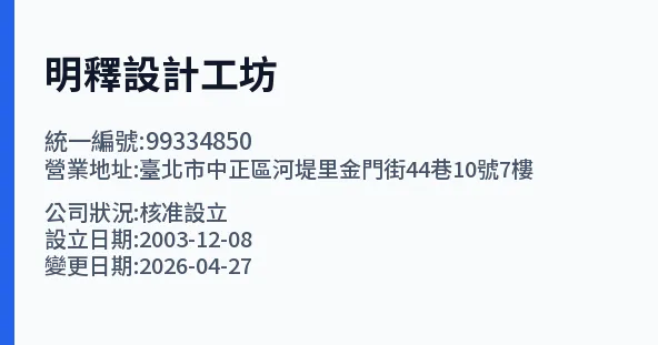 明釋設計工坊的照片-統編 99334850(臺北市) 公司登記資料與營業項目詳細圖表