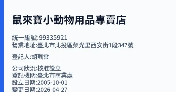 鼠來寶小動物用品專賣店的照片-統編 99335921(臺北市) 公司登記資料與營業項目詳細圖表