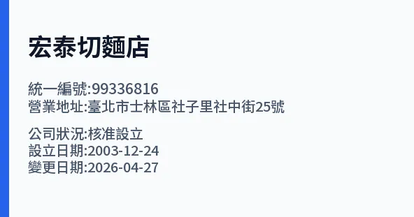 宏泰切麵店的照片-統編 99336816(臺北市) 公司登記資料與營業項目詳細圖表