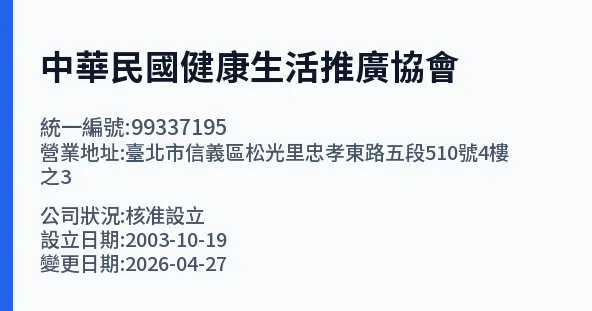 中華民國健康生活推廣協會的照片-統編 99337195(臺北市) 公司登記資料與營業項目詳細圖表