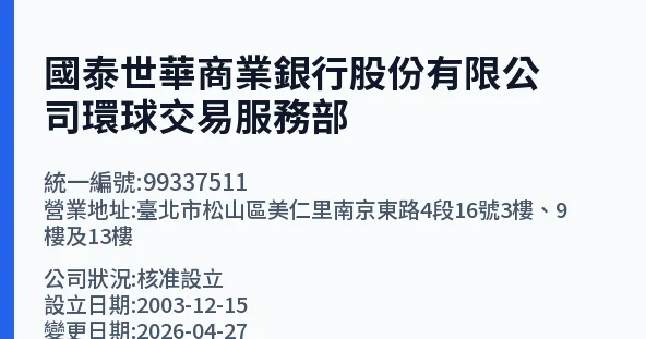 國泰世華商業銀行股份有限公司環球交易服務部的照片-統編 99337511(臺北市) 公司登記資料與營業項目詳細圖表