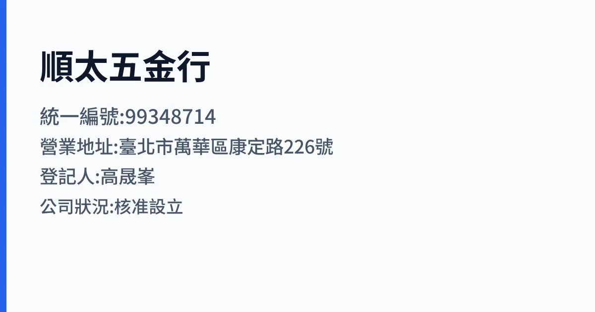 順太五金行 - 統編 99348714(臺北市) 公司登記資料與營業項目詳細圖表