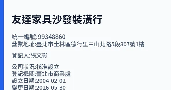 友達家具沙發裝潢行的照片-統編 99348860(臺北市) 公司登記資料與營業項目詳細圖表