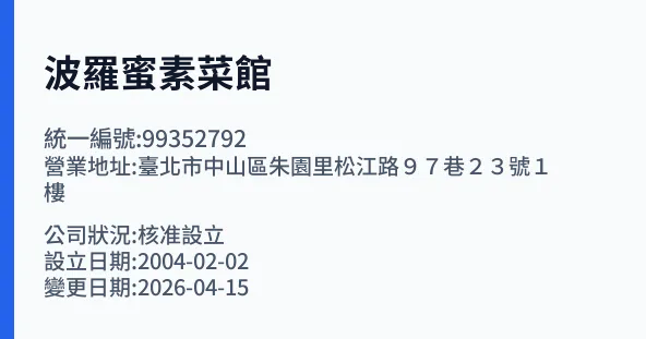 波羅蜜素菜館的照片-統編 99352792(臺北市) 公司登記資料與營業項目詳細圖表