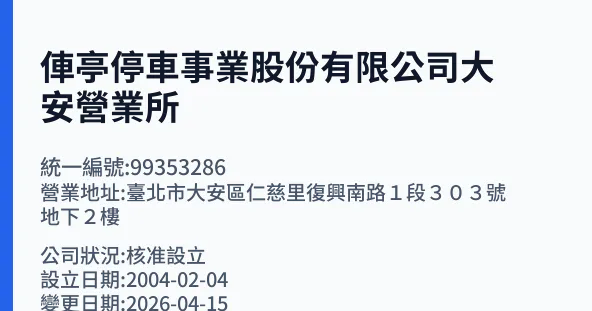 俥亭停車事業股份有限公司大安營業所的照片-統編 99353286(臺北市) 公司登記資料與營業項目詳細圖表