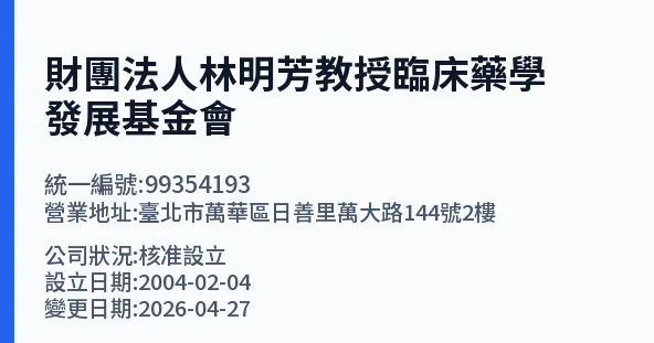 財團法人林明芳教授臨床藥學發展基金會的照片-統編 99354193(臺北市) 公司登記資料與營業項目詳細圖表