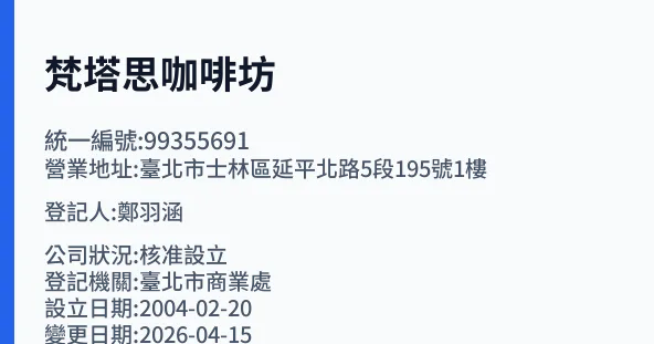 梵塔思咖啡坊的照片-統編 99355691(臺北市) 公司登記資料與營業項目詳細圖表
