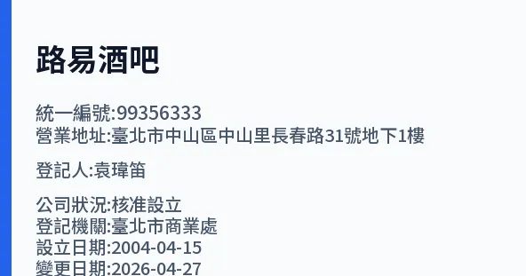 路易酒吧的照片-統編 99356333(臺北市) 公司登記資料與營業項目詳細圖表