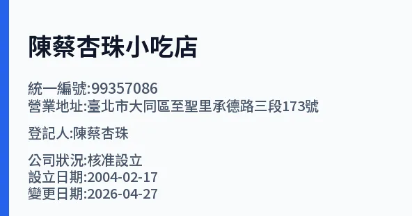 陳蔡杏珠小吃店的照片-統編 99357086(臺北市) 公司登記資料與營業項目詳細圖表