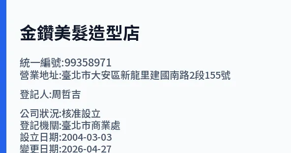 金鑽美髮造型店的照片-統編 99358971(臺北市) 公司登記資料與營業項目詳細圖表