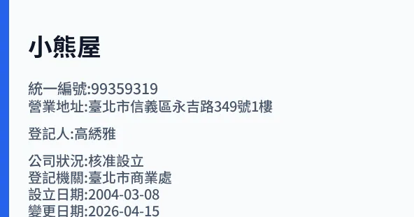 小熊屋的照片-統編 99359319(臺北市) 公司登記資料與營業項目詳細圖表