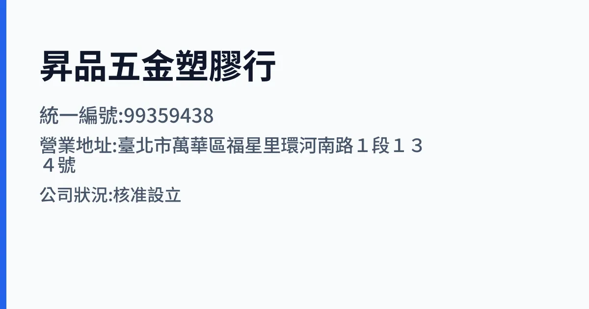 昇品五金塑膠行 - 統編 99359438(臺北市) 公司登記資料與營業項目詳細圖表