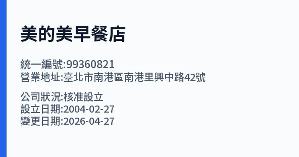 美的美早餐店的照片-統編 99360821(臺北市) 公司登記資料與營業項目詳細圖表