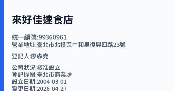 來好佳速食店的照片-統編 99360961(臺北市) 公司登記資料與營業項目詳細圖表