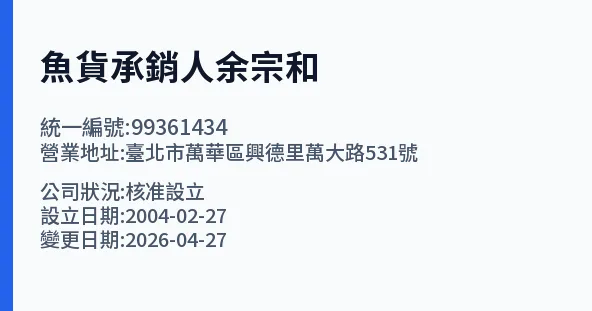 魚貨承銷人余宗和的照片-統編 99361434(臺北市) 公司登記資料與營業項目詳細圖表