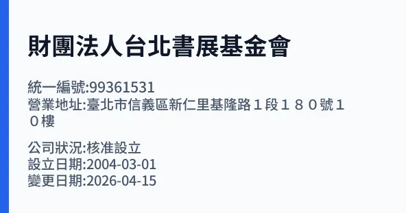 財團法人台北書展基金會的照片-統編 99361531(臺北市) 公司登記資料與營業項目詳細圖表