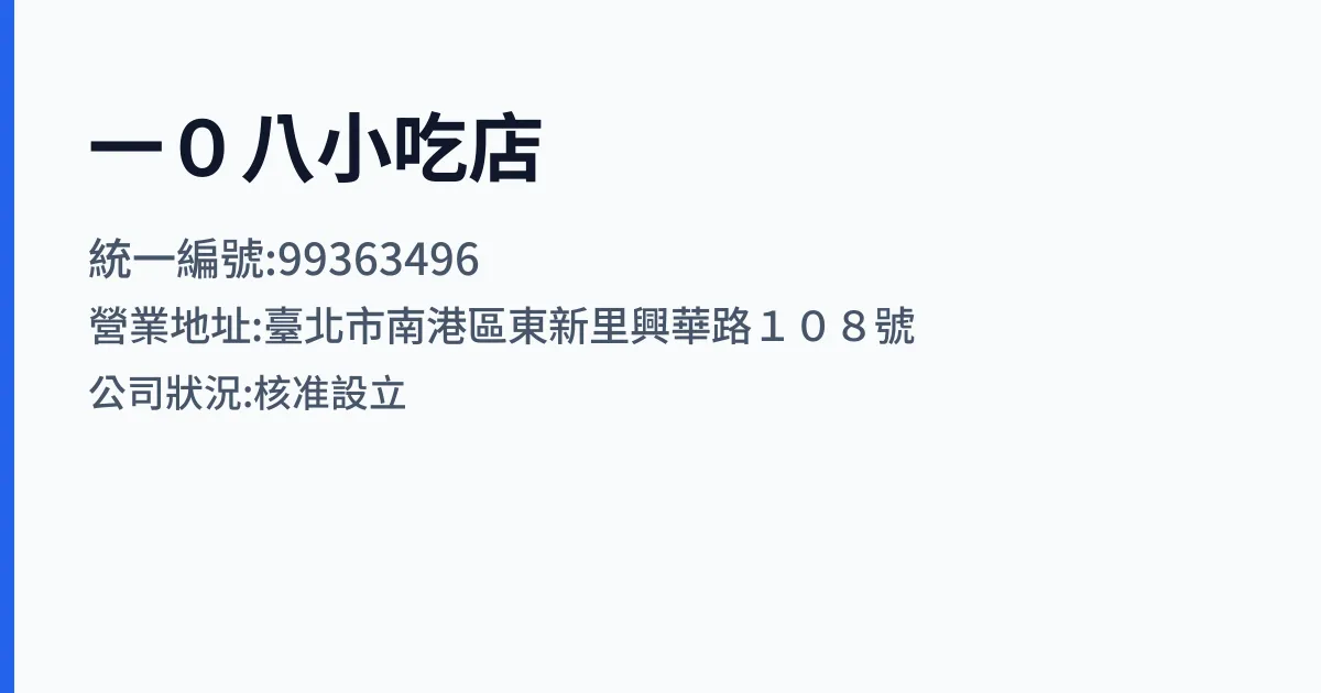 一0八小吃店 - 統編 99363496(臺北市) 公司登記資料與營業項目詳細圖表