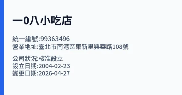 一0八小吃店的照片-統編 99363496(臺北市) 公司登記資料與營業項目詳細圖表