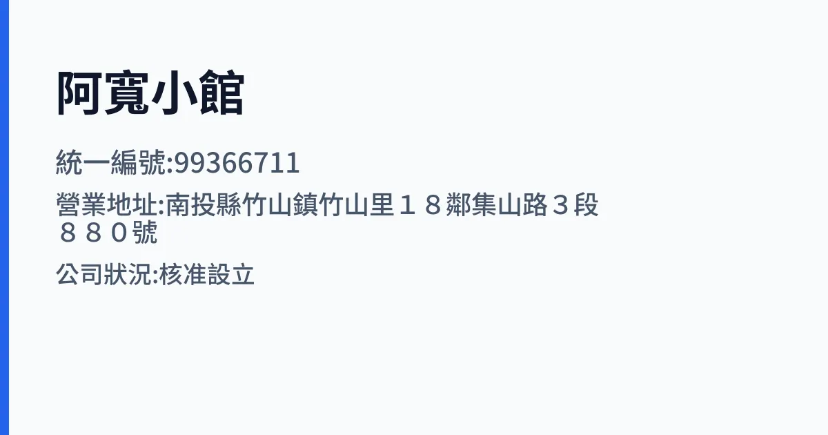 阿寬小館 - 統編 99366711(南投縣) 公司登記資料與營業項目詳細圖表