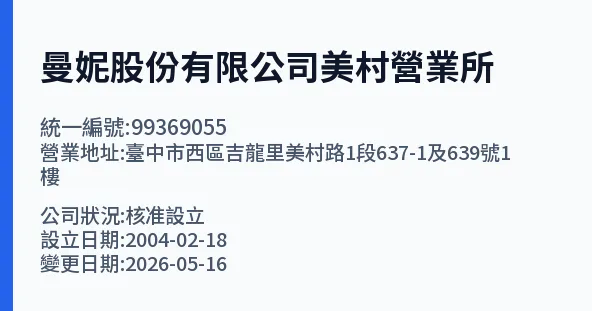 曼妮股份有限公司美村營業所的照片-統編 99369055(臺中市) 公司登記資料與營業項目詳細圖表