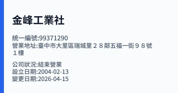 金峰工業社的照片-統編 99371290(臺中市) 公司登記資料與營業項目詳細圖表