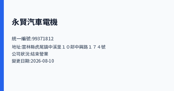 永賢汽車電機的照片-統編 99371812(雲林縣) 公司登記資料與營業項目詳細圖表