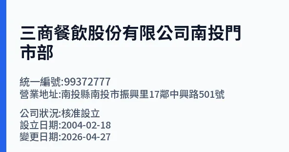 三商餐飲股份有限公司南投門市部的照片-統編 99372777(南投縣) 公司登記資料與營業項目詳細圖表
