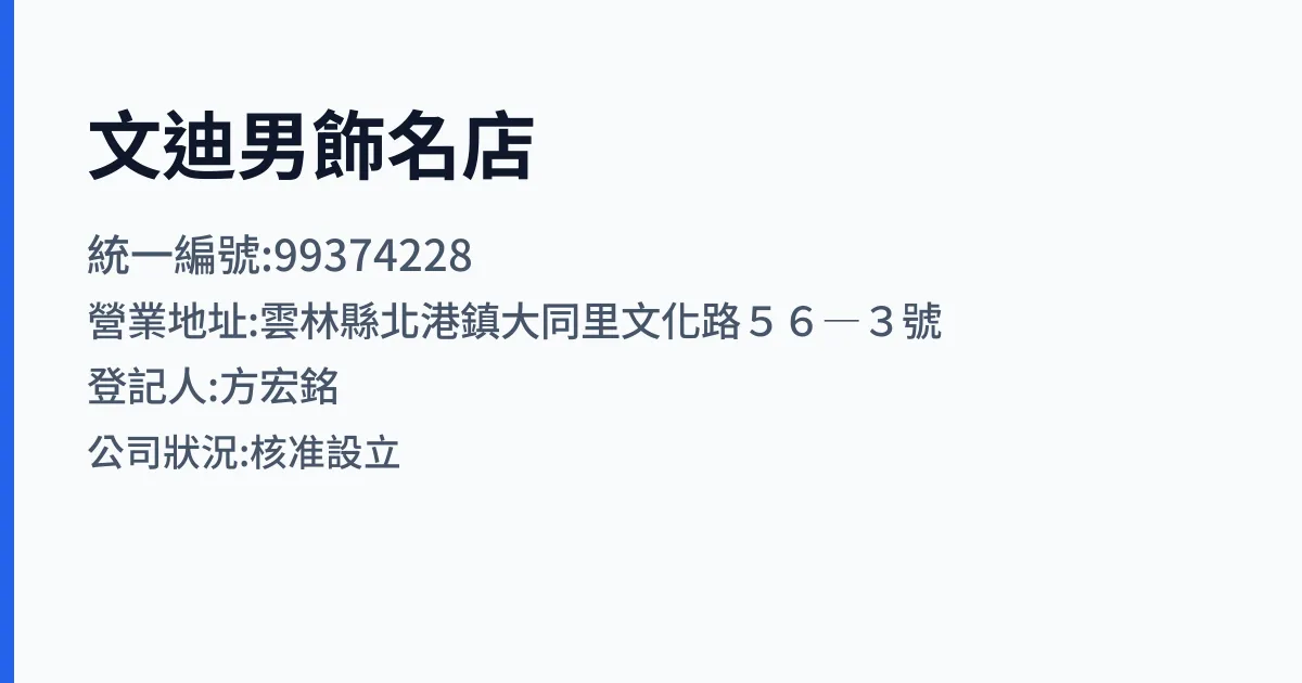 文迪男飾名店 - 統編 99374228(雲林縣) 公司登記資料與營業項目詳細圖表