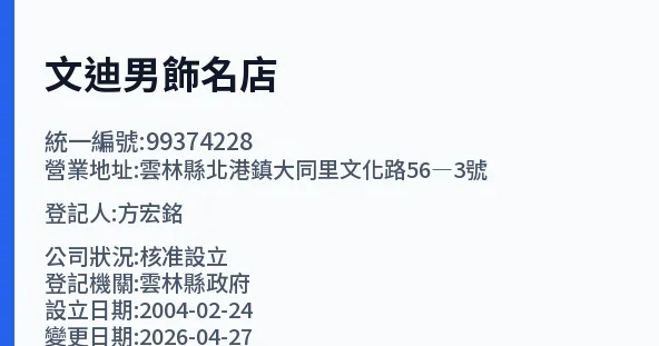 文迪男飾名店的照片-統編 99374228(雲林縣) 公司登記資料與營業項目詳細圖表