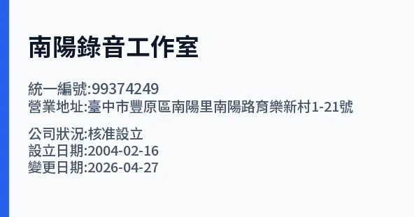 南陽錄音工作室的照片-統編 99374249(臺中市) 公司登記資料與營業項目詳細圖表