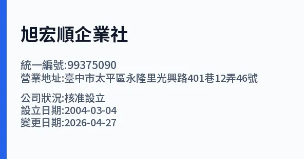 旭宏順企業社的照片-統編 99375090(臺中市) 公司登記資料與營業項目詳細圖表