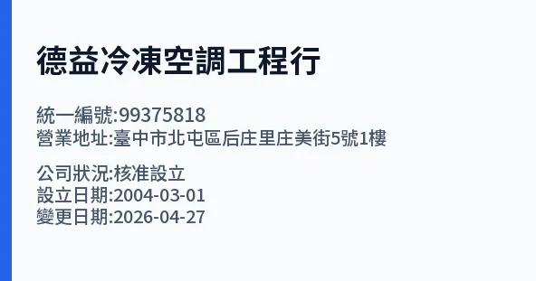 德益冷凍空調工程行的照片-統編 99375818(臺中市) 公司登記資料與營業項目詳細圖表