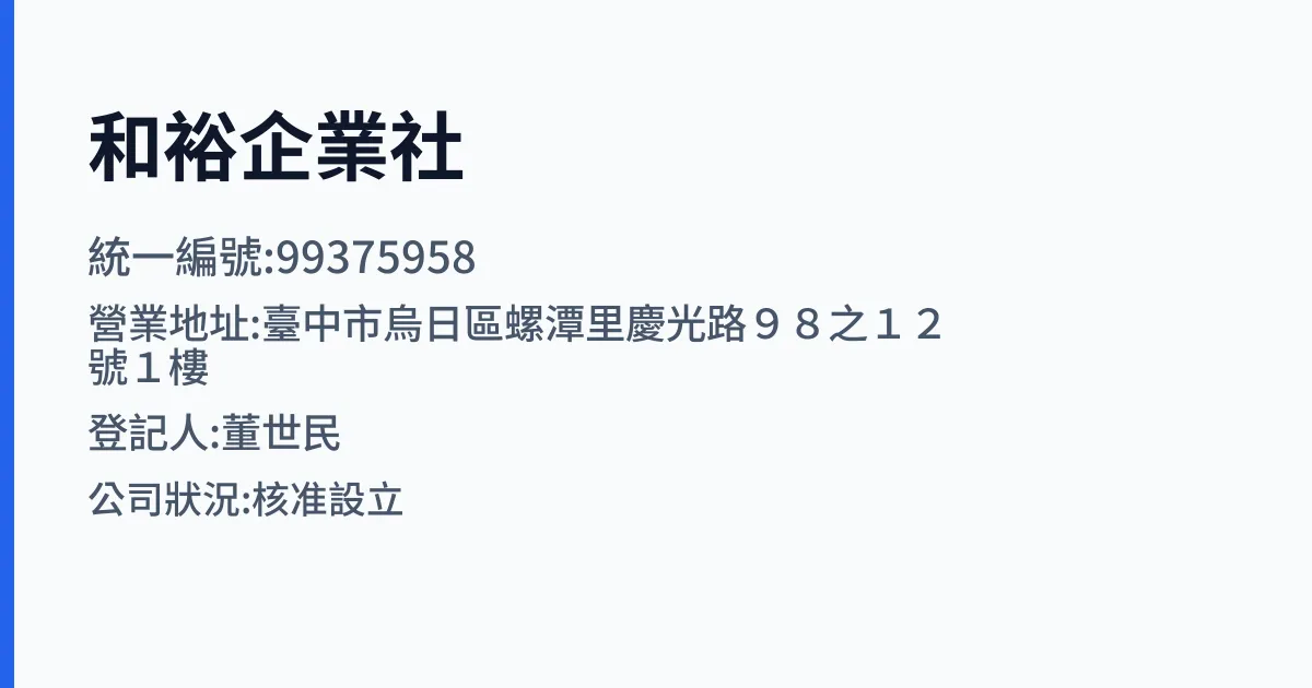 和裕企業社 - 統編 99375958(臺中市) 公司登記資料與營業項目詳細圖表