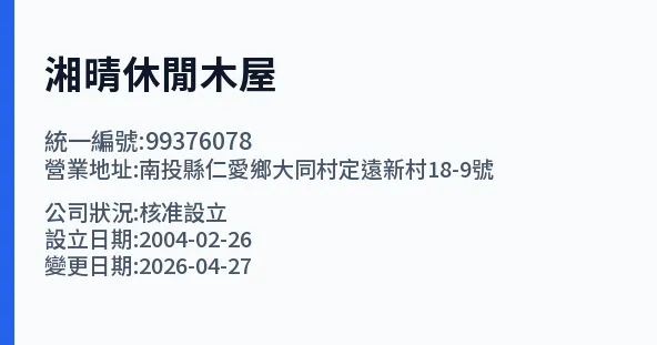 湘晴休閒木屋的照片-統編 99376078(南投縣) 公司登記資料與營業項目詳細圖表