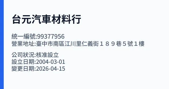 台元汽車材料行的照片-統編 99377956(臺中市) 公司登記資料與營業項目詳細圖表