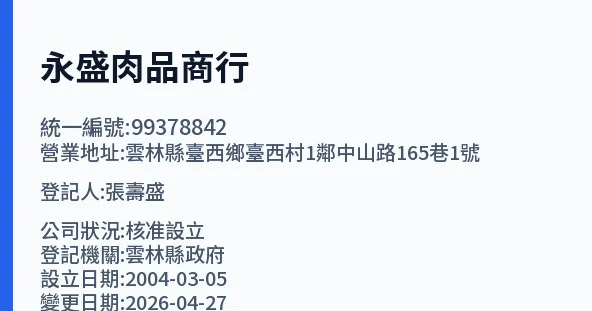 永盛肉品商行的照片-統編 99378842(雲林縣) 公司登記資料與營業項目詳細圖表