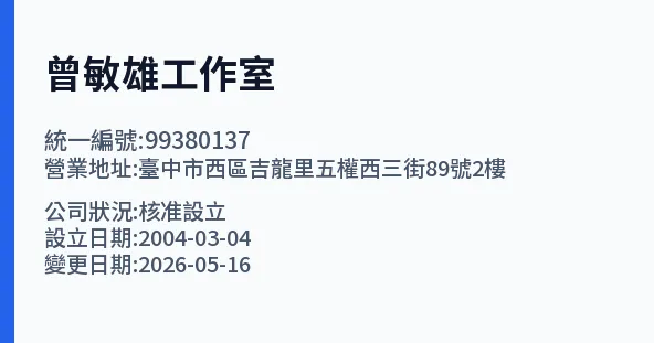 曾敏雄工作室的照片-統編 99380137(臺中市) 公司登記資料與營業項目詳細圖表