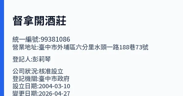 督拿開酒莊的照片-統編 99381086(臺中市) 公司登記資料與營業項目詳細圖表