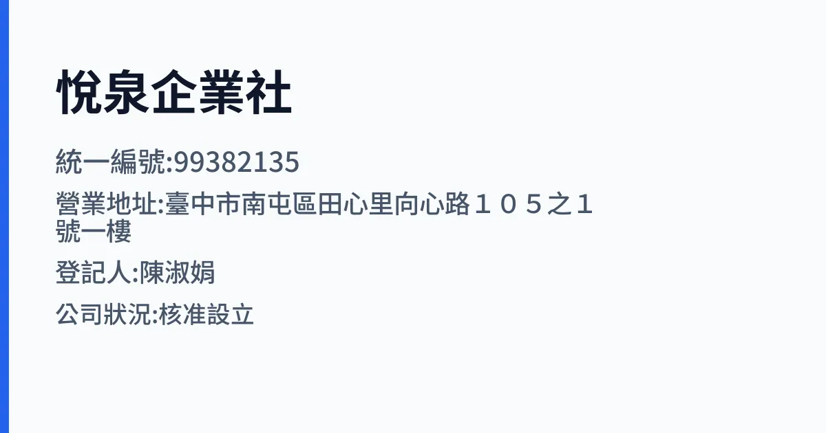 悅泉企業社 - 統編 99382135(臺中市) 公司登記資料與營業項目詳細圖表