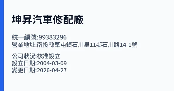 坤昇汽車修配廠的照片-統編 99383296(南投縣) 公司登記資料與營業項目詳細圖表